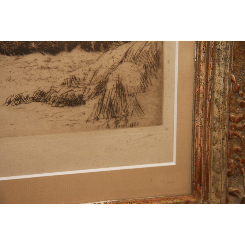 1 Charcoal engraving table under glass signed lower right...