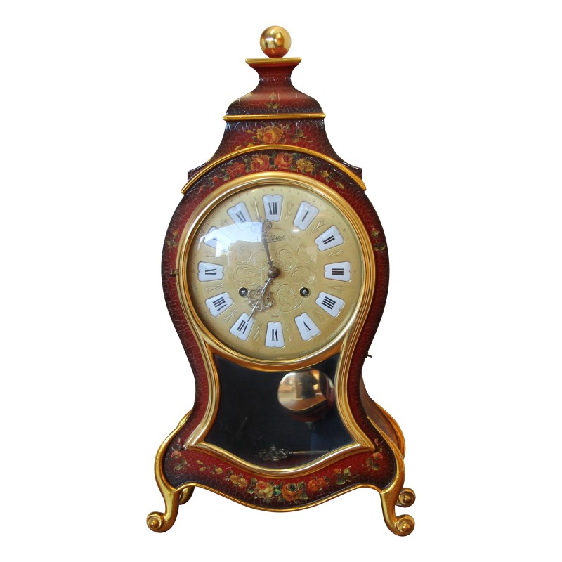 1 Neuchâtel clock in red wood with floral decorations and its … - MOINAT
