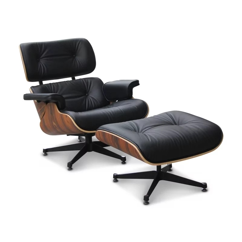 1 Armchair & ottoman in black Italian leather and shell in … - MOINAT